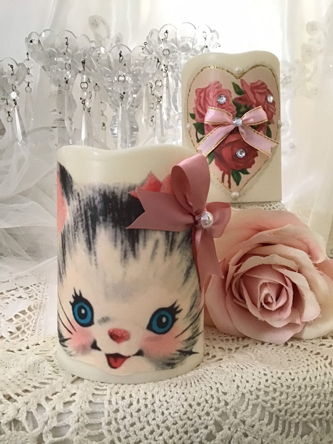 Vintage Kitty Cat Flameless Candle: Retro Cottage Chic Decor - Etsy