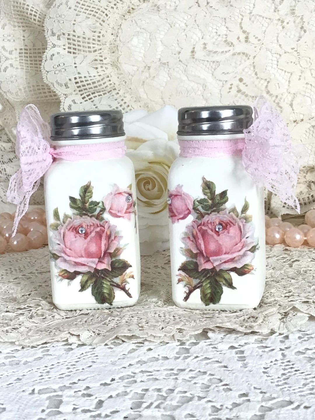 Vintage Style Pink Rose Salt & Pepper Shaker Set: Shabby Cottage Chic ...