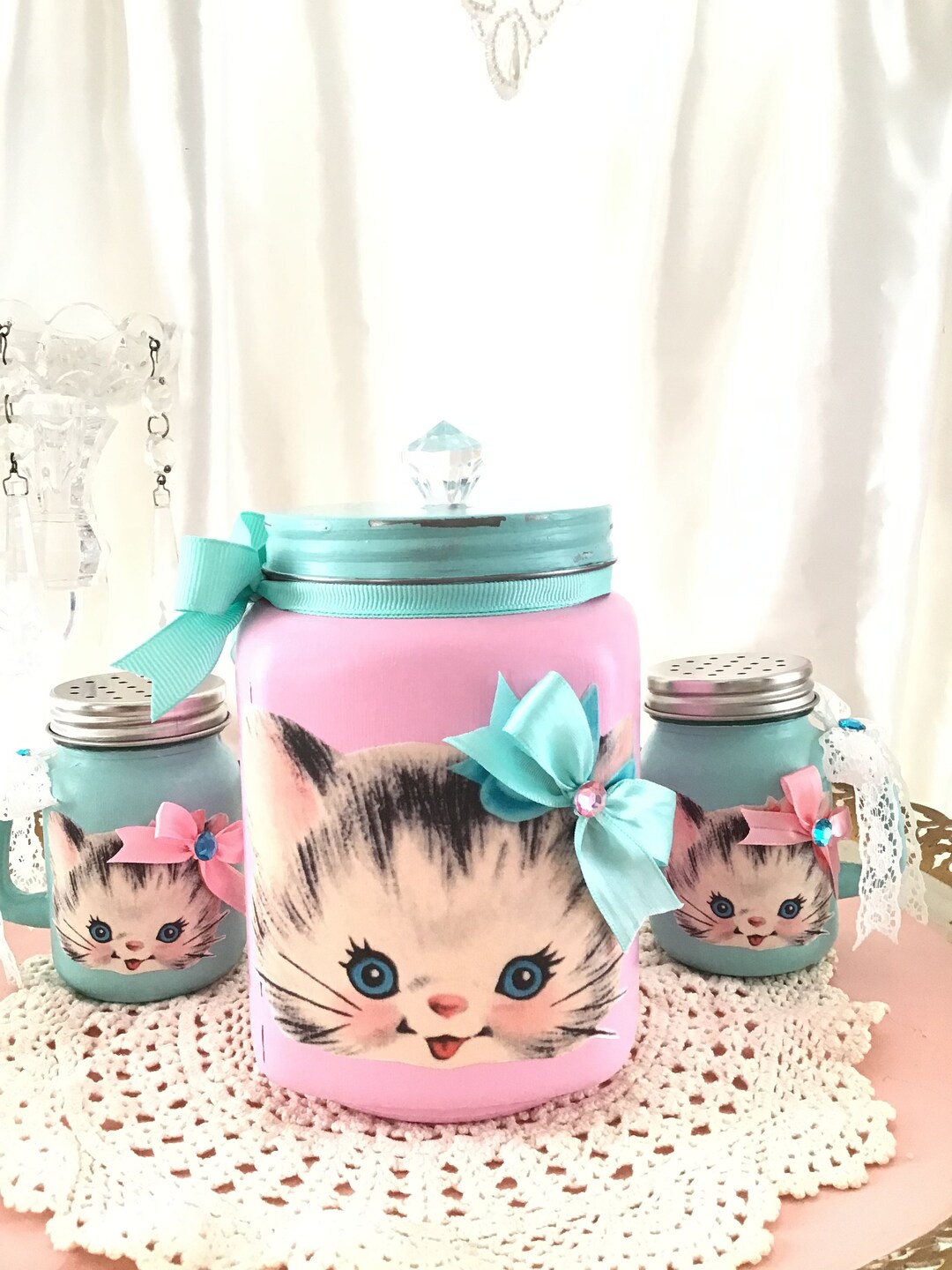 Vintage Kitty Cat Decor, Glass Canister Jar, Atomic Pink Storage Jar ...