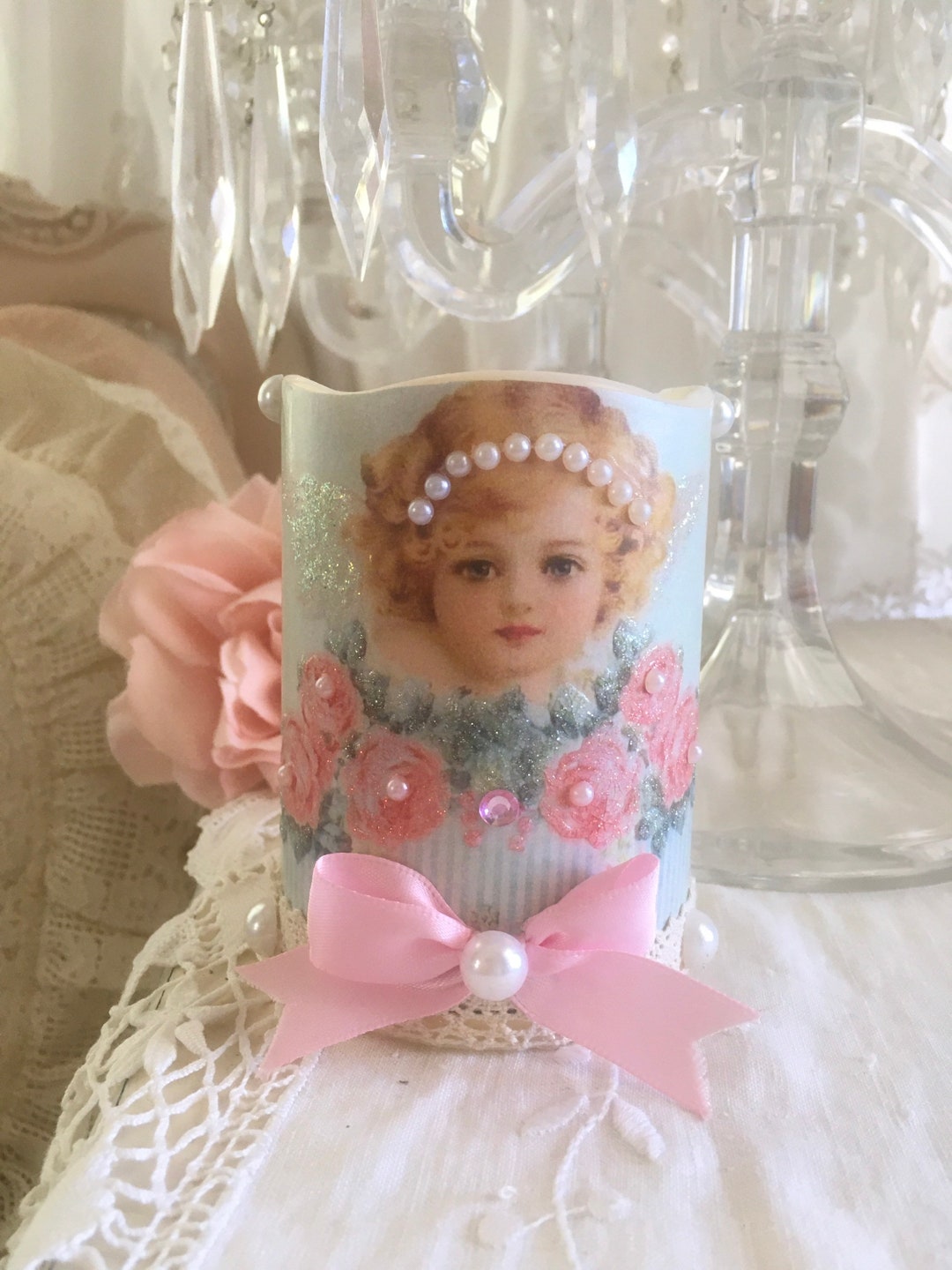 Cherub Flameless Candle, Shabby Pink Cherub Home Decor, Pink Cherub ...