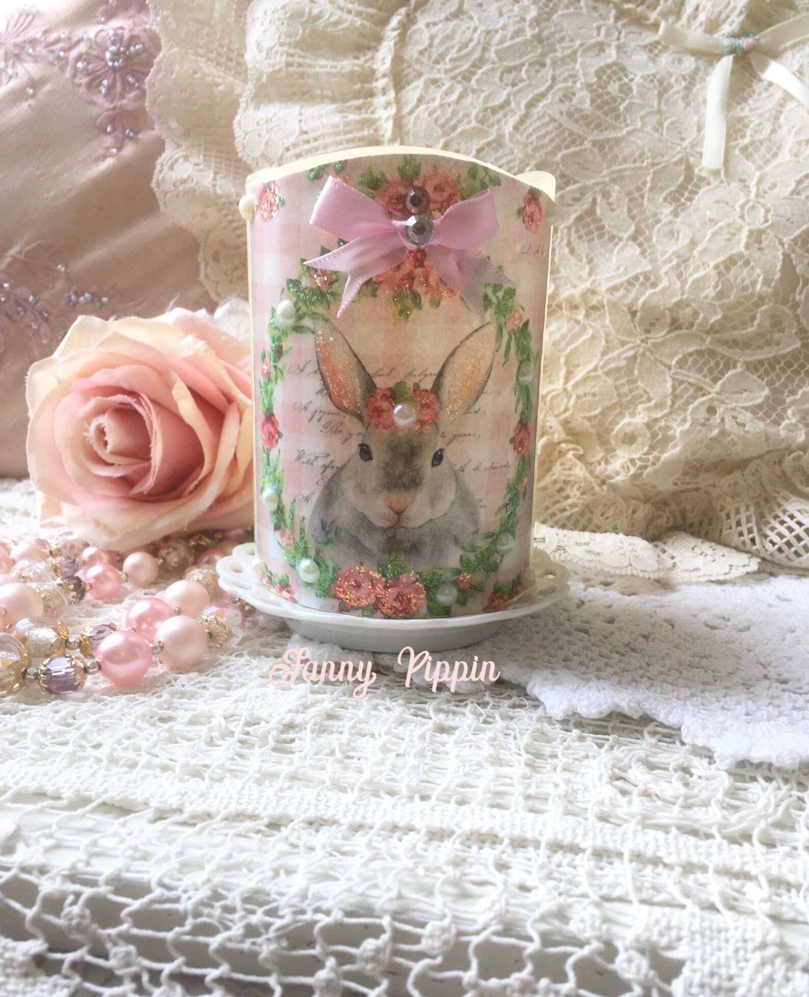 Shabby Victorian Bunny Flameless Candle Pink Roses Kitchen - Etsy