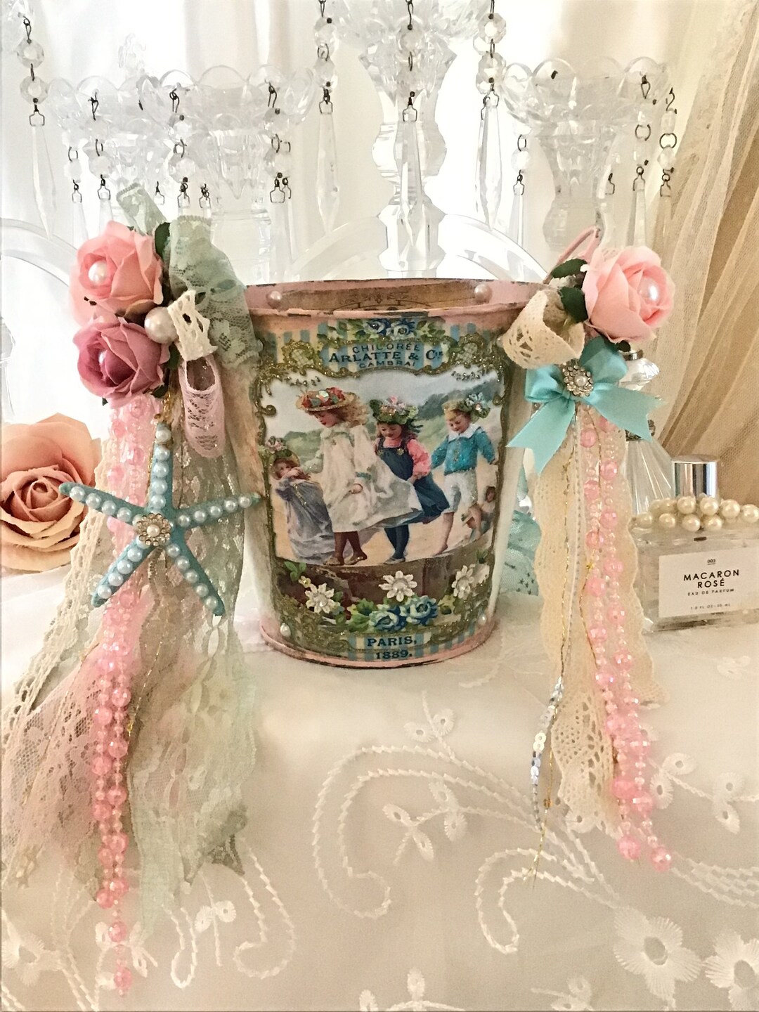 Shabby Vintage Beach Pail, Mermaid, Metal Bucket, Beach Cottage ...