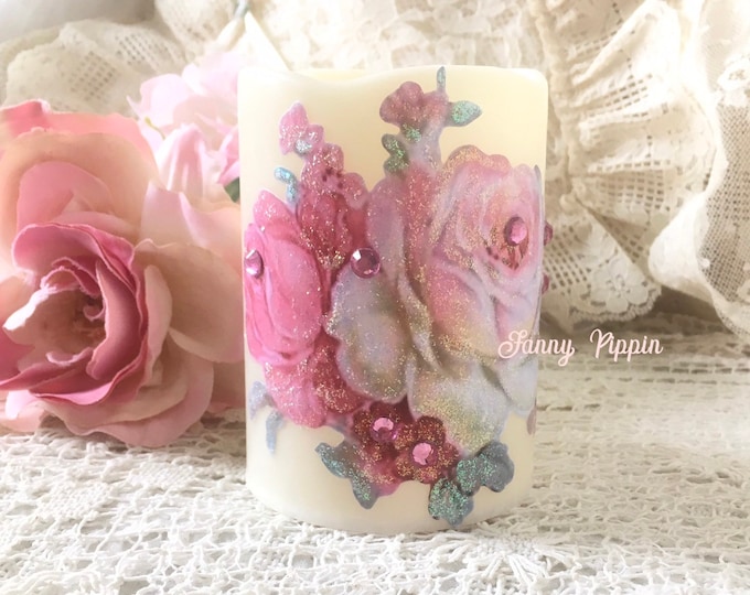 Shabby Pink Rose Flameless Candle, Wax LED Candles, Shabby Pink Decor ...