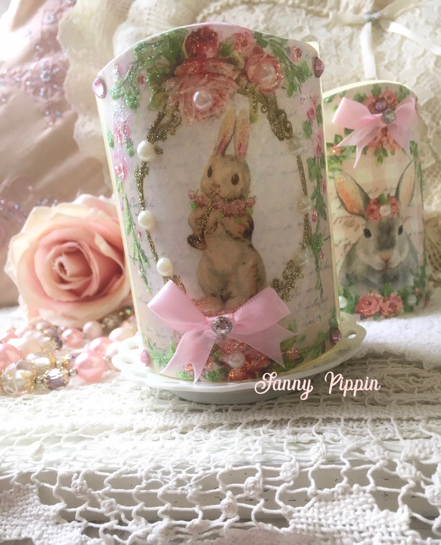 Shabby Pink Victorian Bunny flameless candle Battery operated | Etsy
