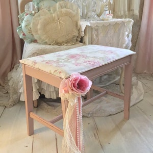 Shabby Pink Bench, Floral Vanity Bench, Vintage Piano Bench, Chippy ...