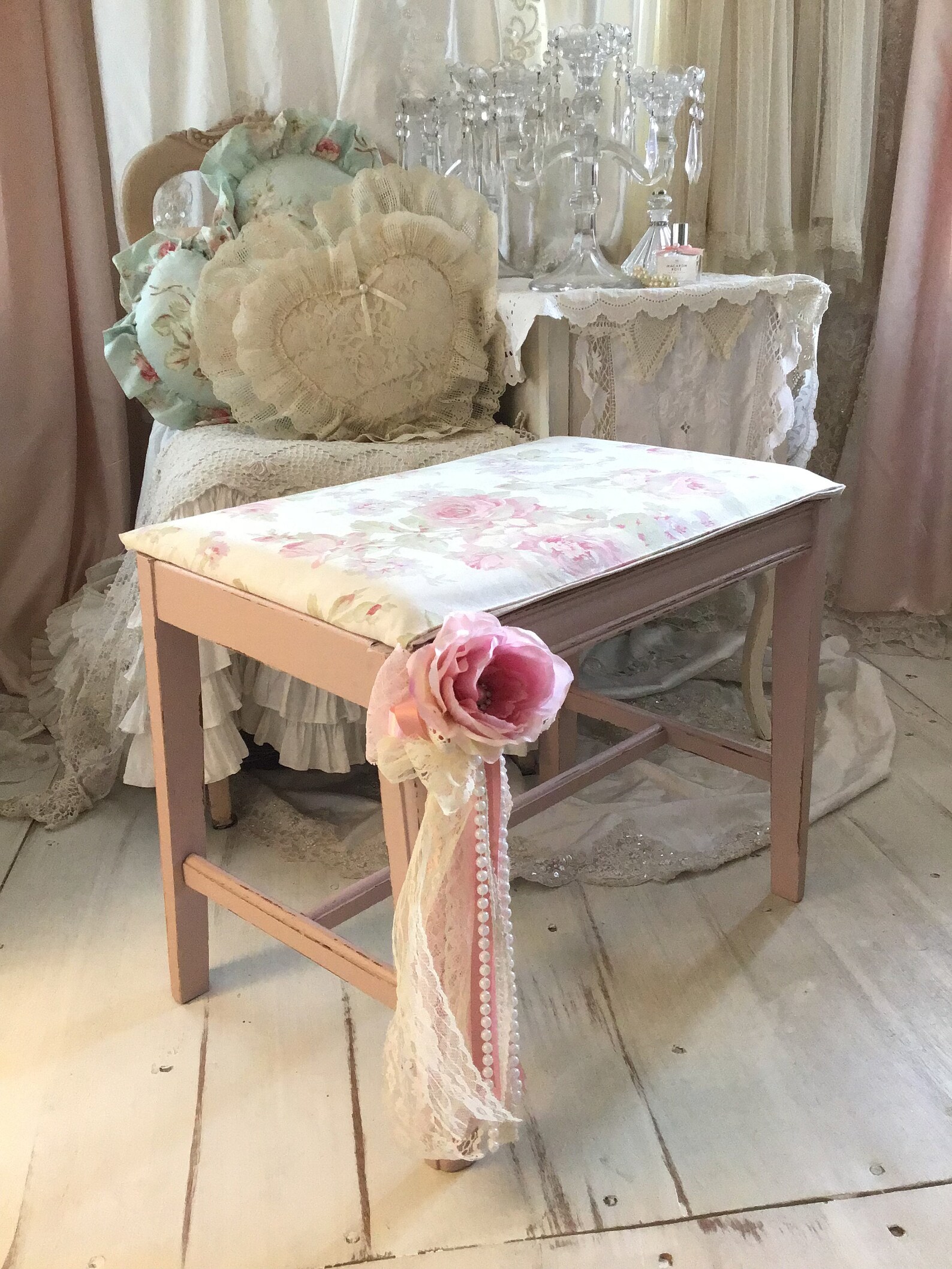 Shabby Pink Bench, Floral Vanity Bench, Vintage Piano Bench, Chippy ...