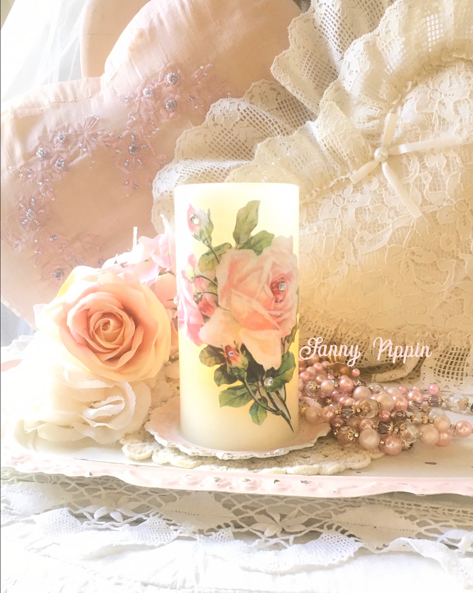 Shabby Pink Rose Flameless Candle Victorian Roses Timer - Etsy