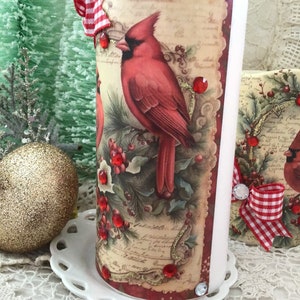 Farmhouse Christmas Cardinal Candle, Flameless Candle, Winter Birds ...