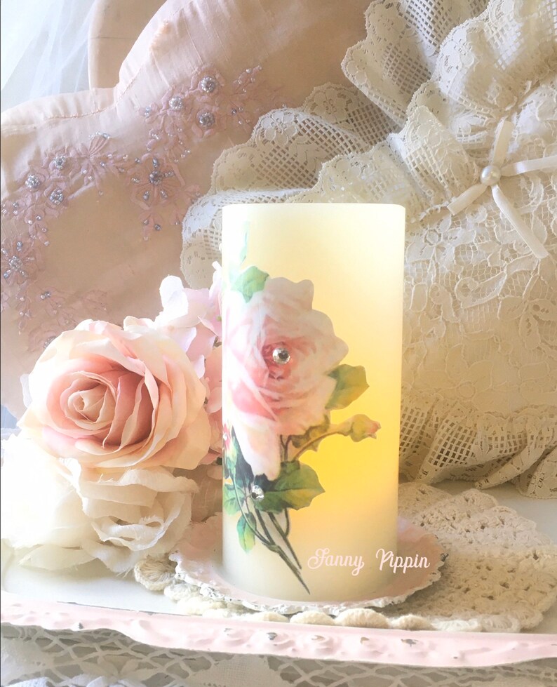 Shabby Pink Rose Flameless Candle Victorian Roses Timer - Etsy