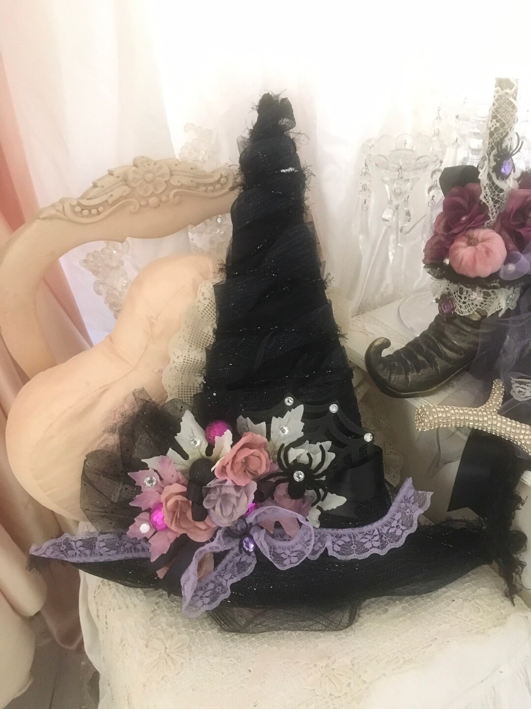 Halloween Witch Hat Door Decor, Decorated Victorian Witch Hat, Elegant ...