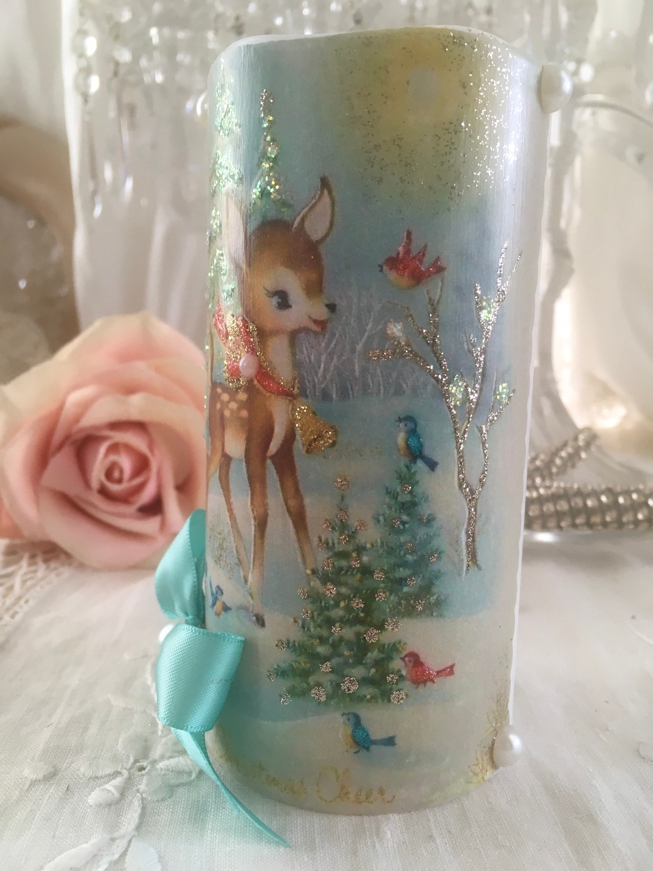 Vintage Christmas Deer Flameless Candle: Retro Kitsch Cottage Chic ...