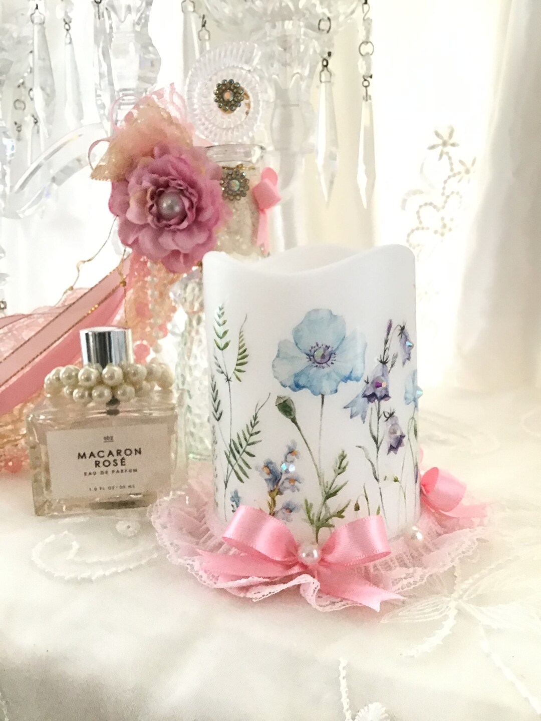 Botanical Flameless Candle, Shabby Floral Decor, Coastal Decor, Shabby ...