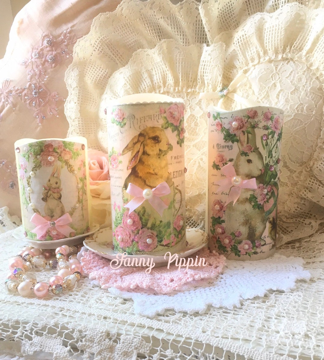 Shabby Bunny Flameless Candle, Easter Decor Gift Pink Roses, Battery ...