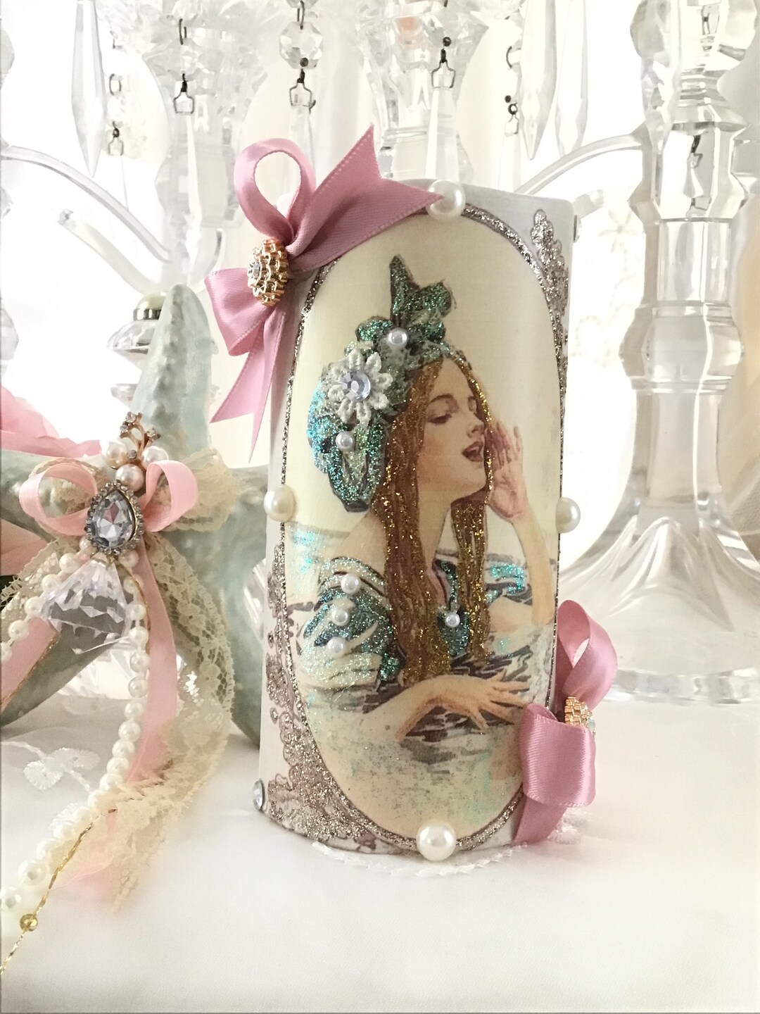 Shabby Mermaid Flameless Candle, Little Mermaid, Nautical Decor ...