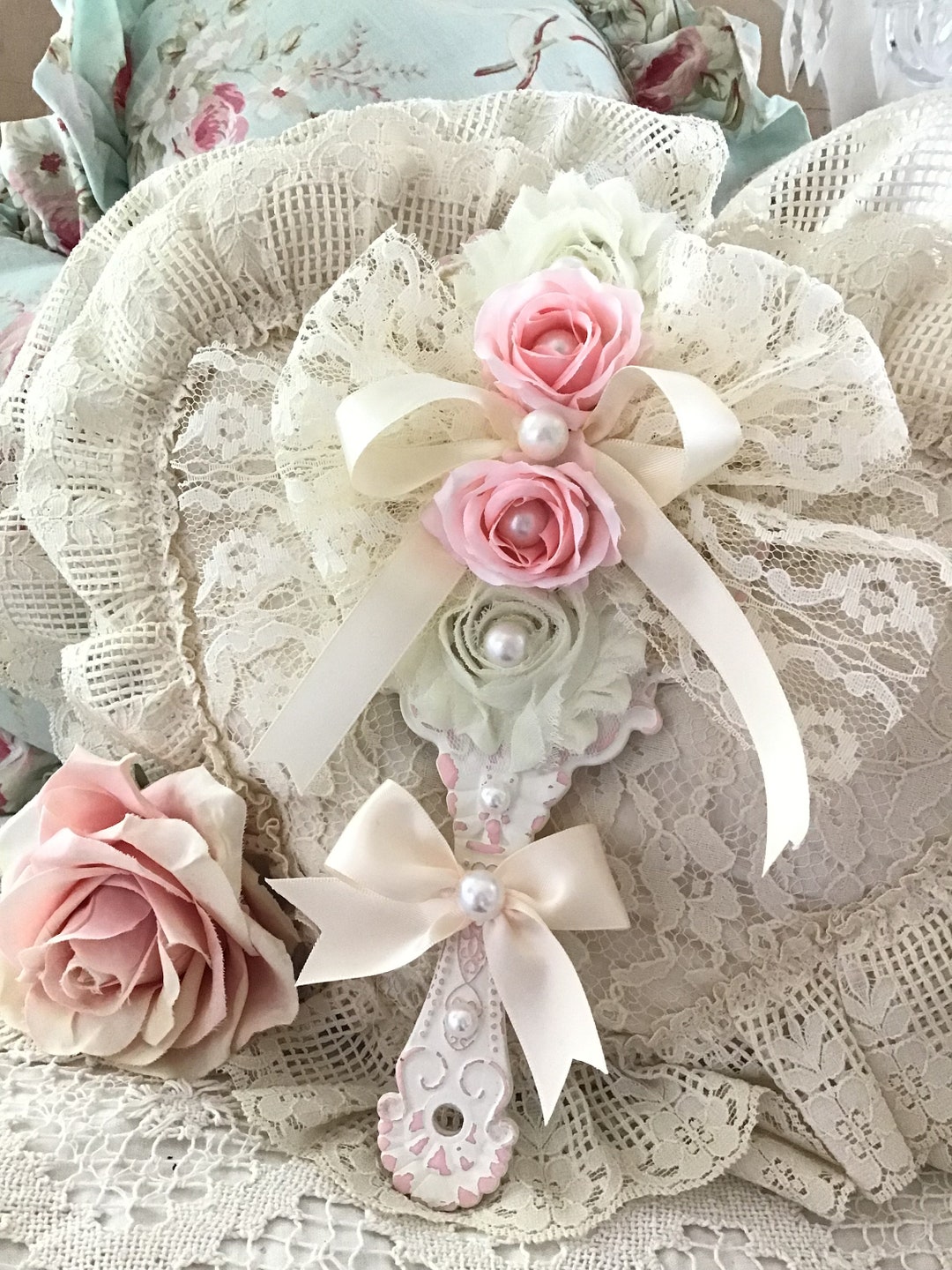Shabby Chic Hand Mirror: Pink Roses, Lace Bow, Victorian Vanity Decor ...
