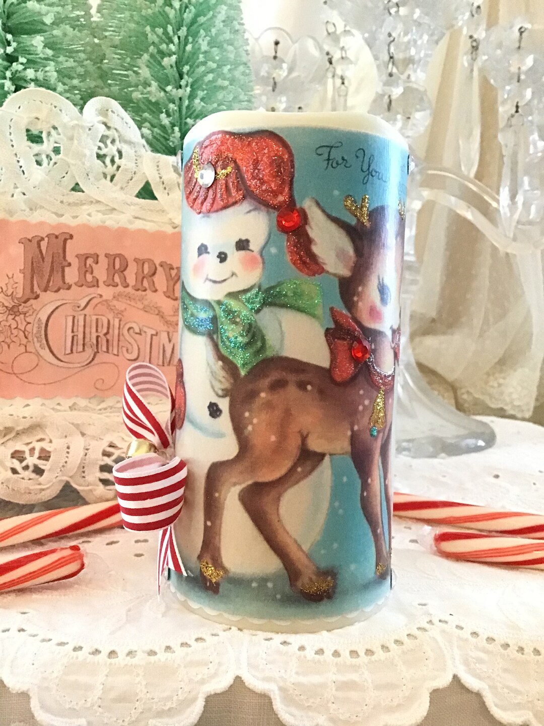 Vintage Christmas Flameless Candle: Retro Snowman & Deer, Cottage Chic ...