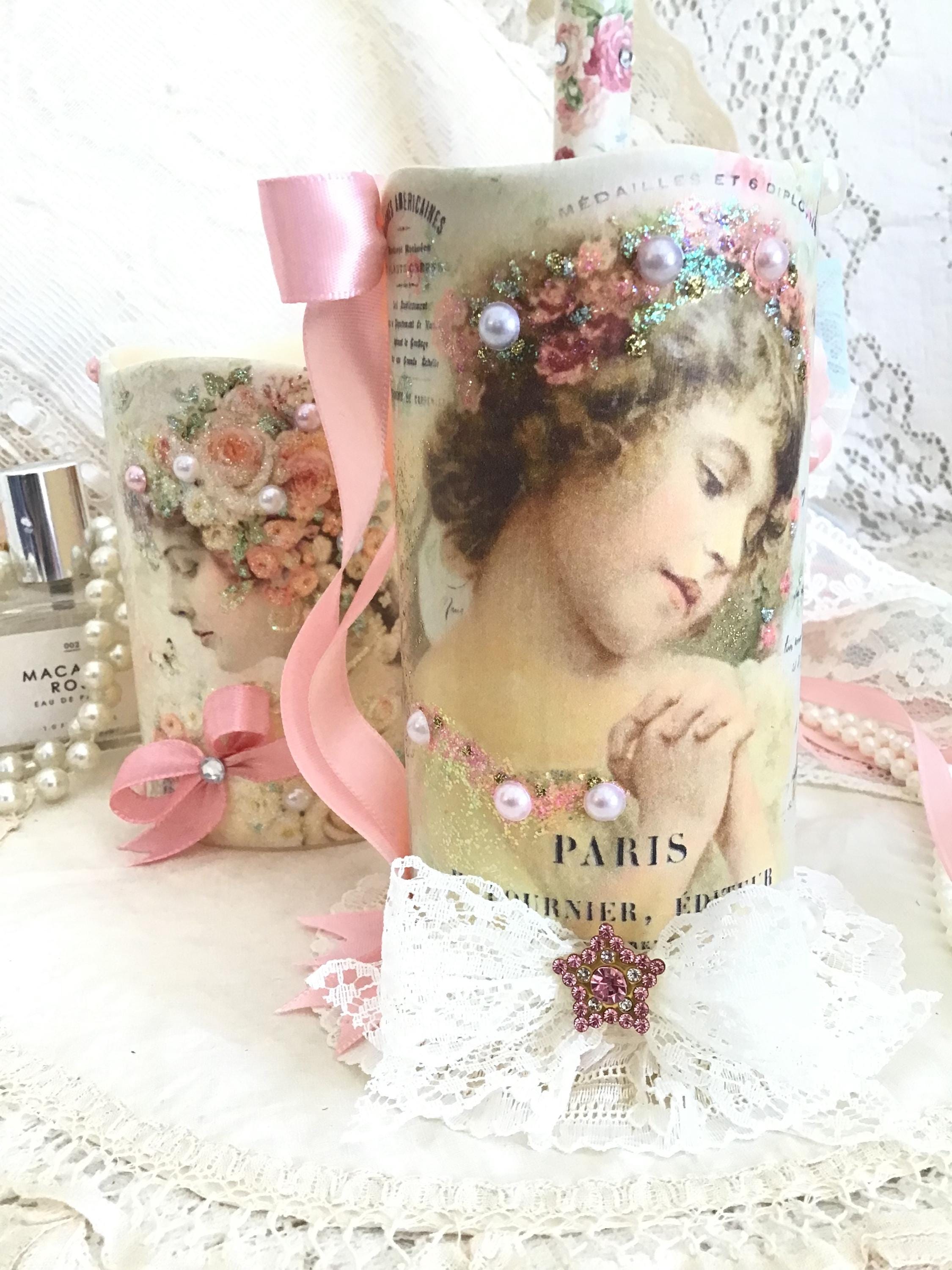 Shabby French Angel Flameless Candle: Pink Roses & Lace Cherub Decor - Etsy