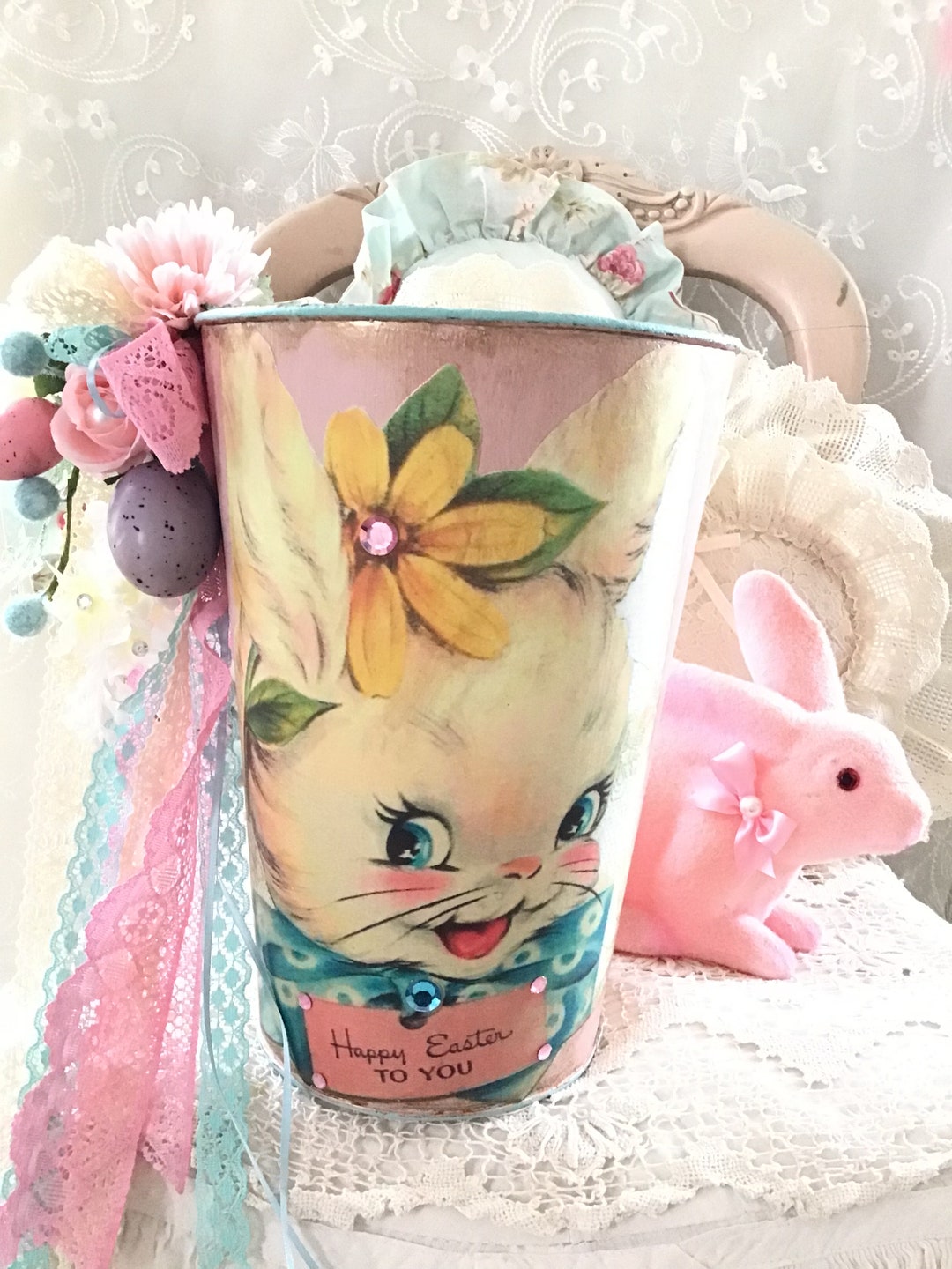 Easter Bunny Pail, Vintage Easter Decor, Kitschy Easter Bunny, Metal ...