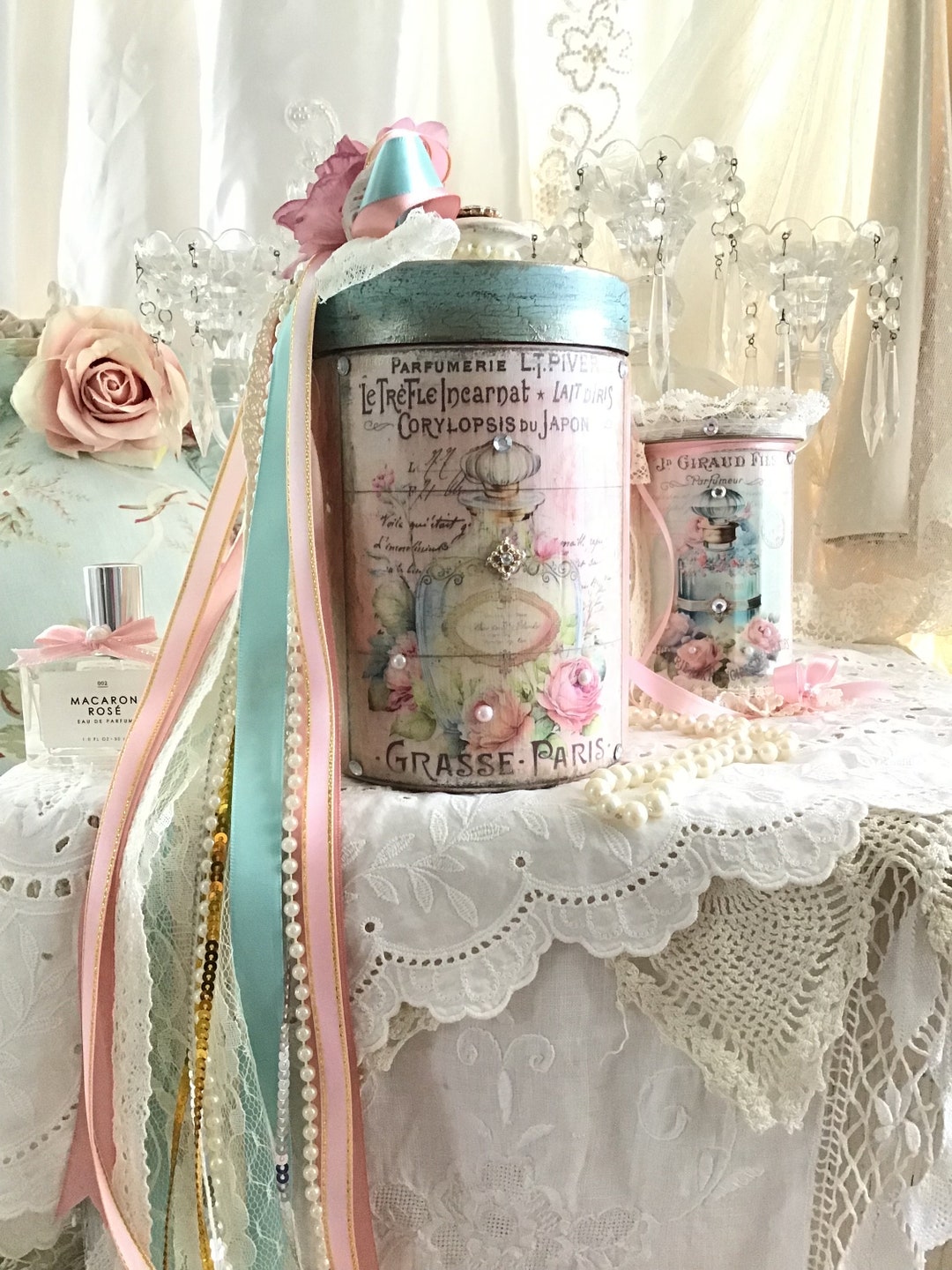 Shabby Pink Glass Canister Jar, Large French Perfume Jar, Decorative ...