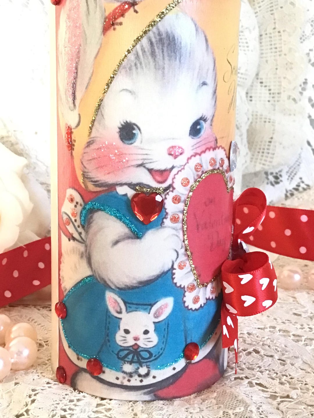 Valentines Day Bunny, Flameless Candle, Vintage 1950s Girl Bunny Rabbit, Kitschy Retro Valentine ...