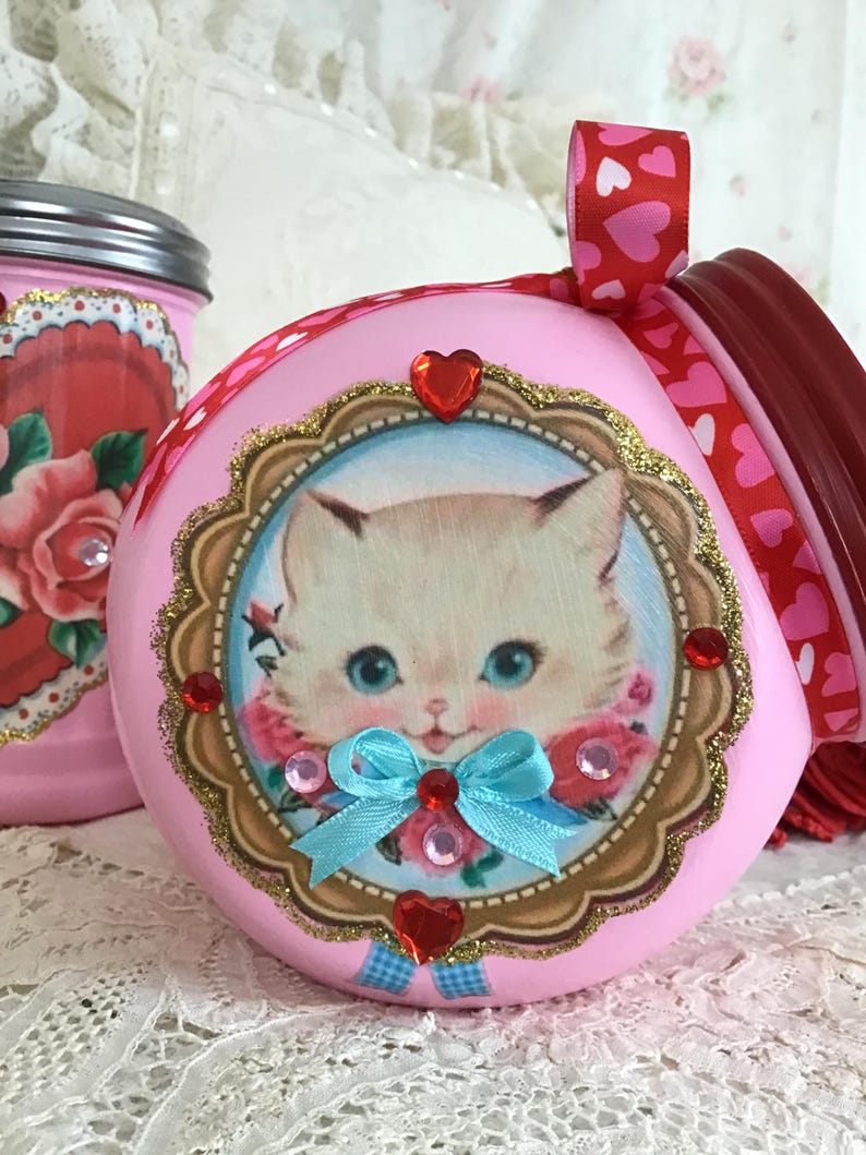 Retro Kitty Valentine Jar – Hand-painted Shabby Chic Cat Decor - Etsy UK