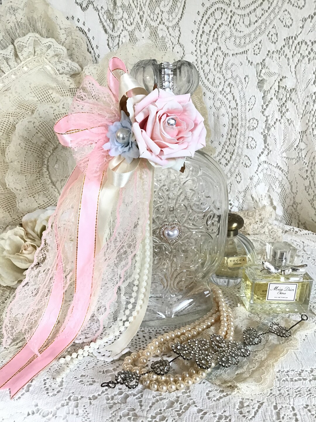 Shabby Pink Perfume Bottle, Fancy Bottle Decanter, French Style Vintage ...