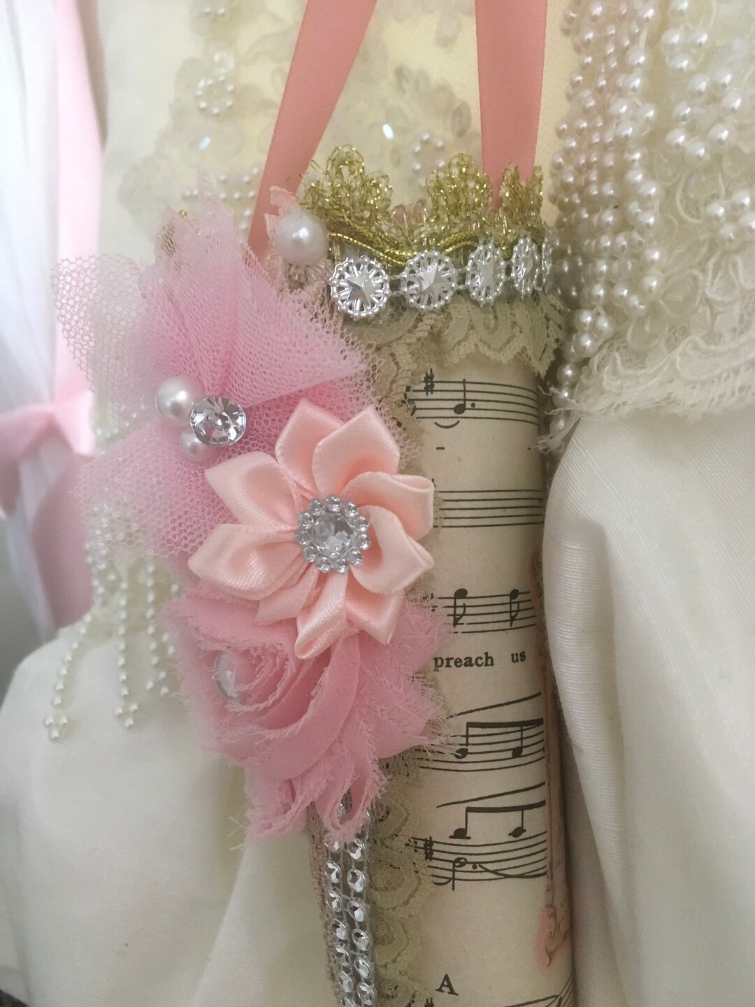 Victorian Christmas Tussie Mussie: Pink Rose Ornament, Sheet Music Cone ...