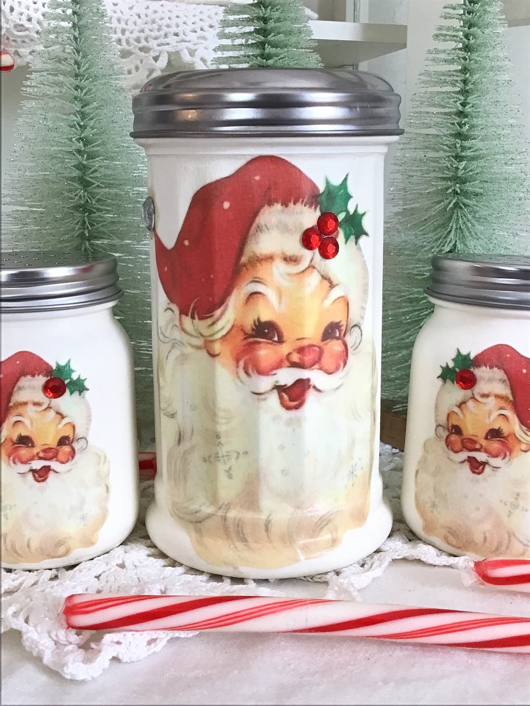 Vintage Christmas Kitchen Decor, Sugar Jar, Jadeite Style Green and Red ...