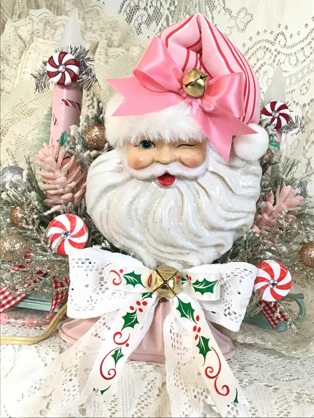 Vintage Pink Christmas Winking Santa, Santa Blow Mold Candolier ...