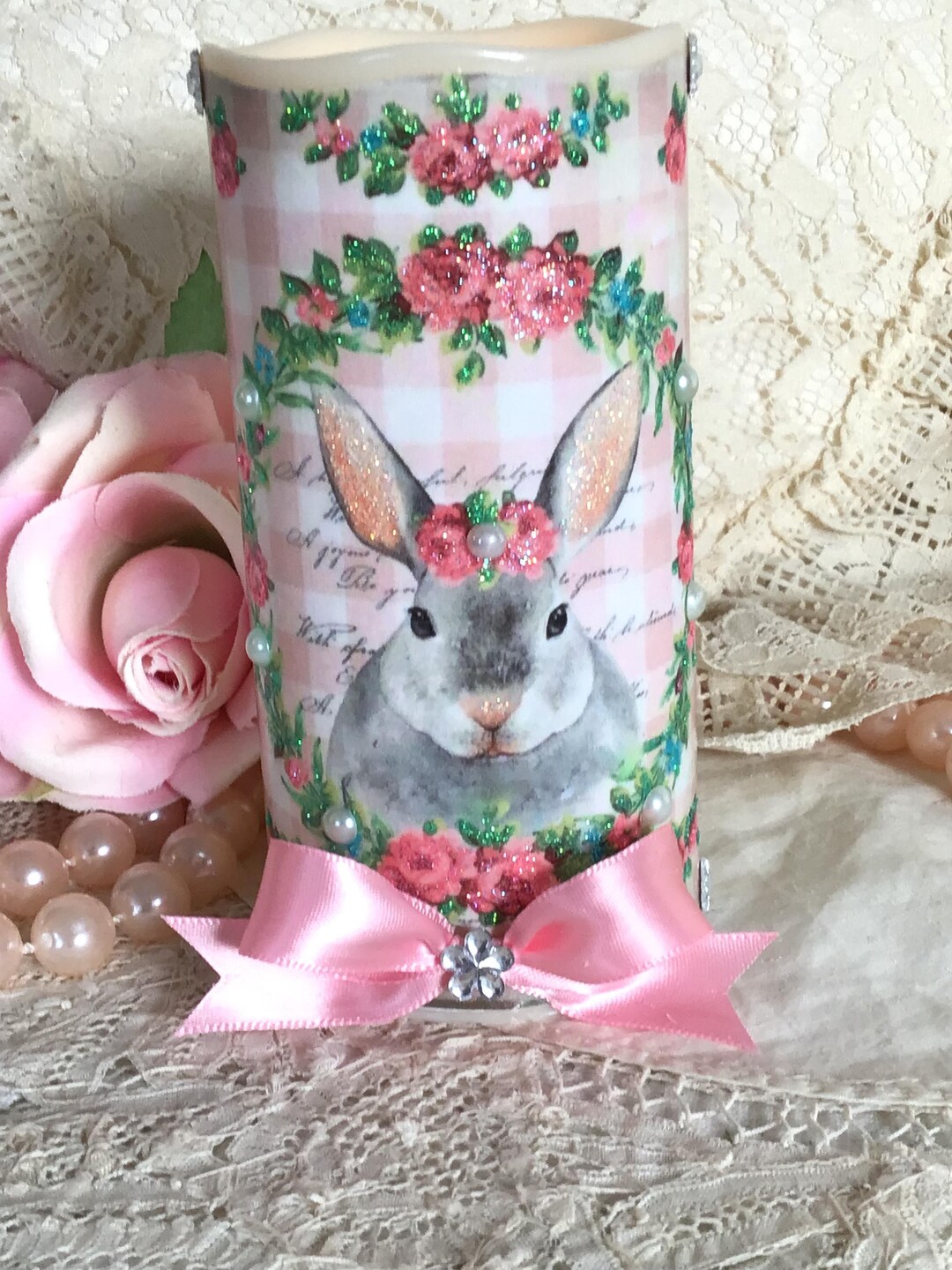 Pink Bunny Flameless Candle, Shabby Pink Roses, Cottage Chic Decor ...