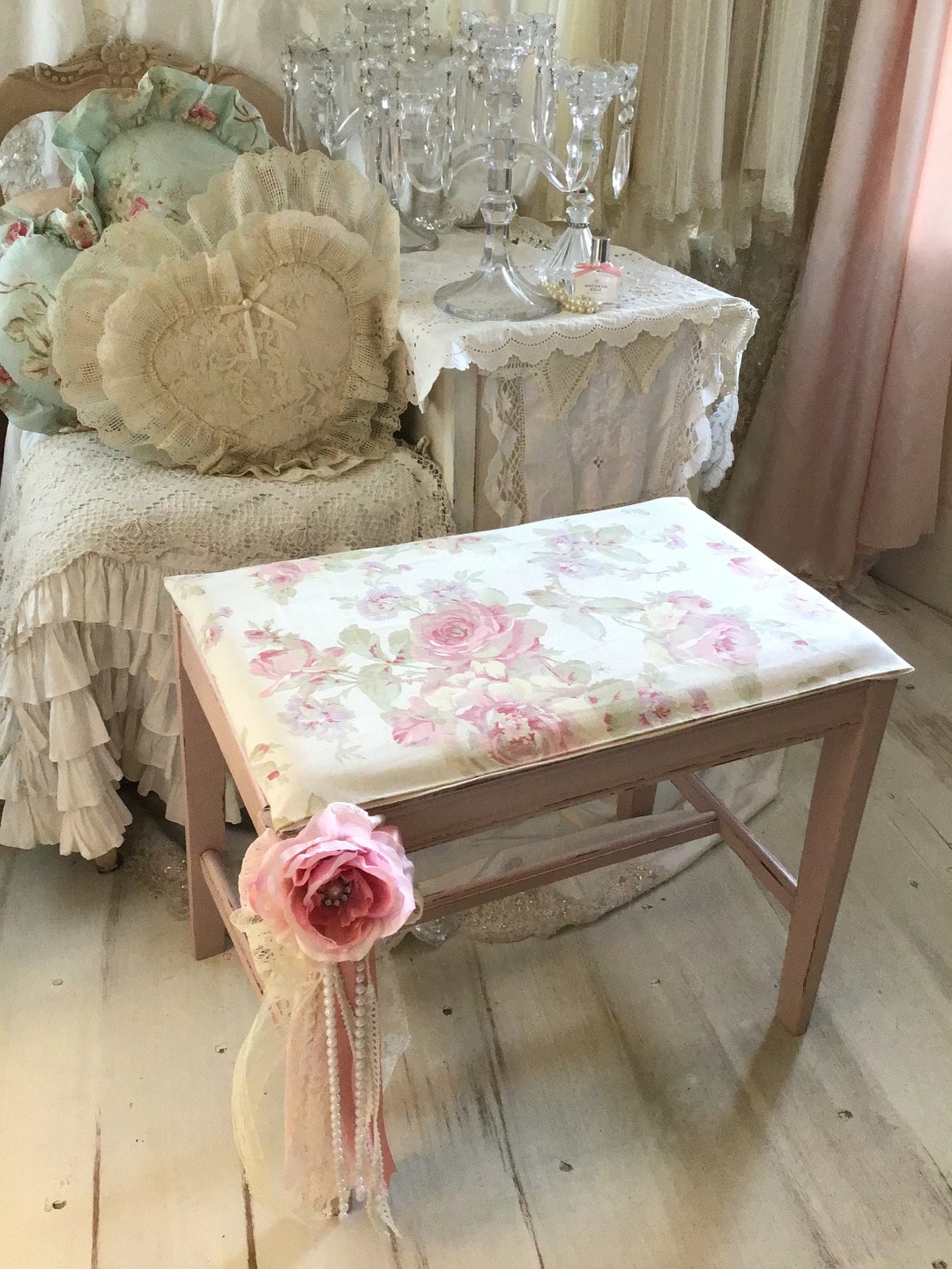 Shabby Pink Bench, Floral Vanity Bench, Vintage Piano Bench, Chippy ...