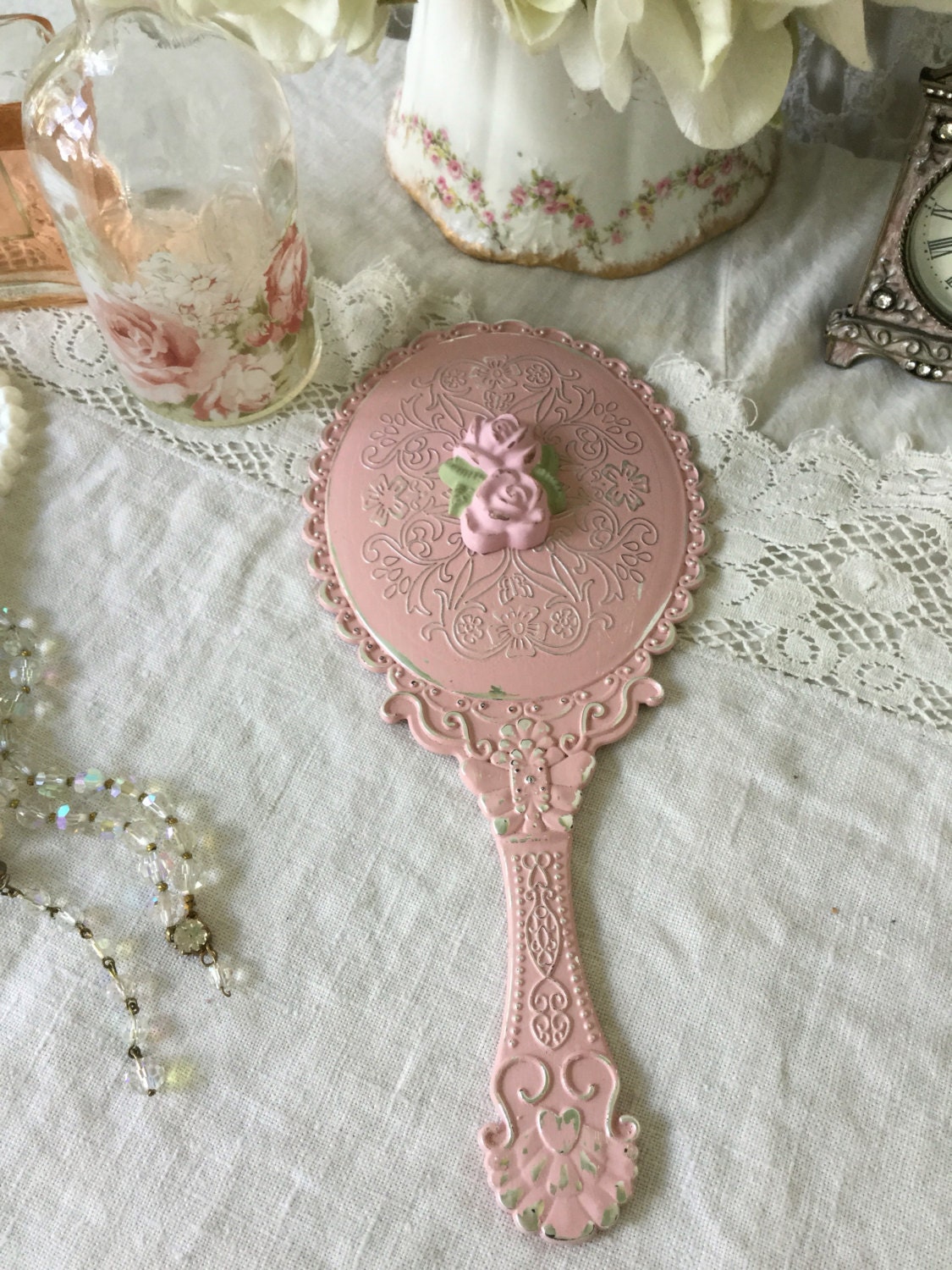Victorian Style Hand Mirror: Shabby Pink Rose Vanity Mirror - Etsy