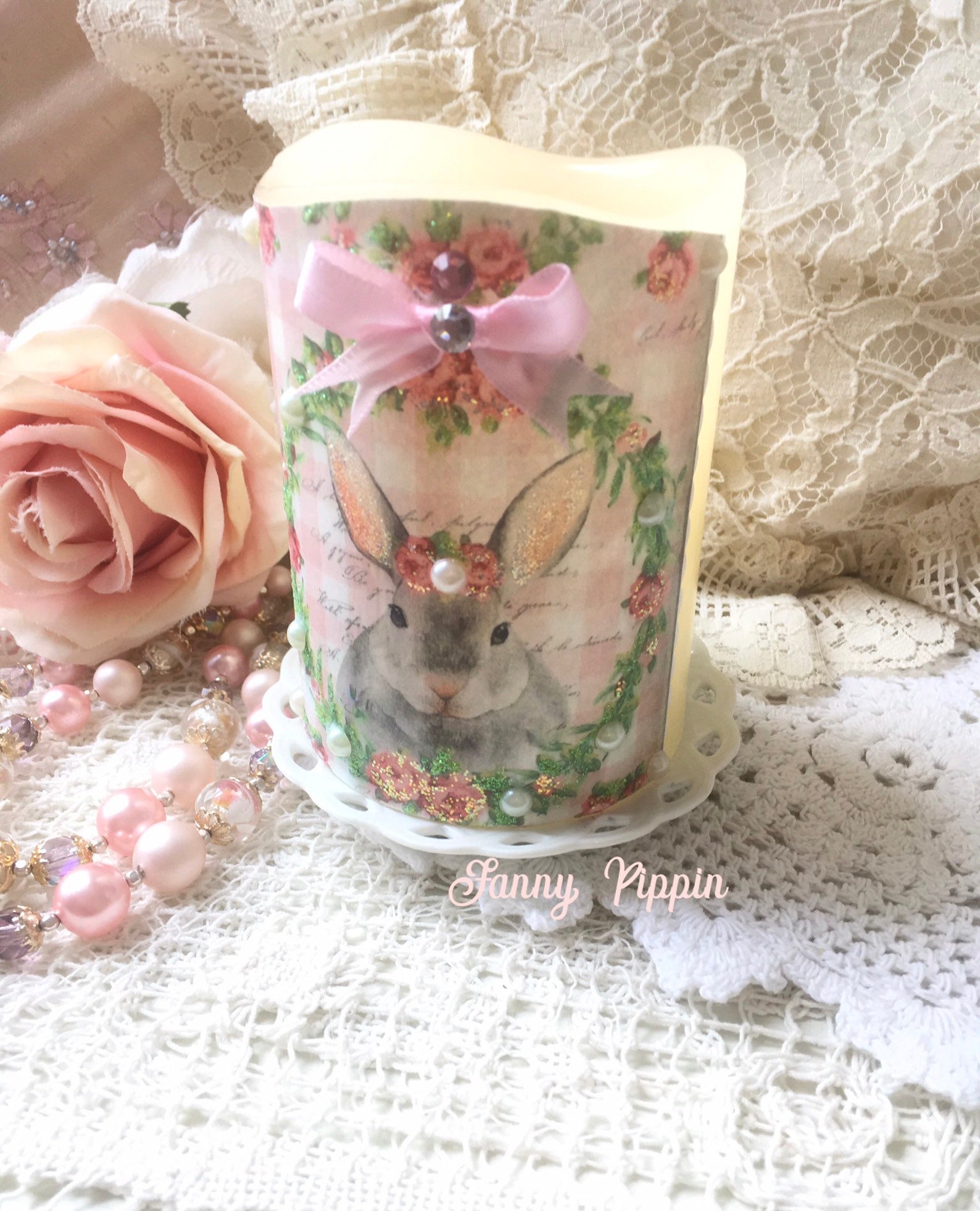 Shabby Victorian Bunny Flameless Candle Pink Roses Kitchen - Etsy