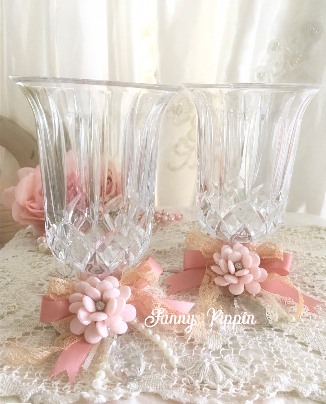 Shabby Chic Crystal Candle Lamps: Pink Roses Decor (pair) - Etsy