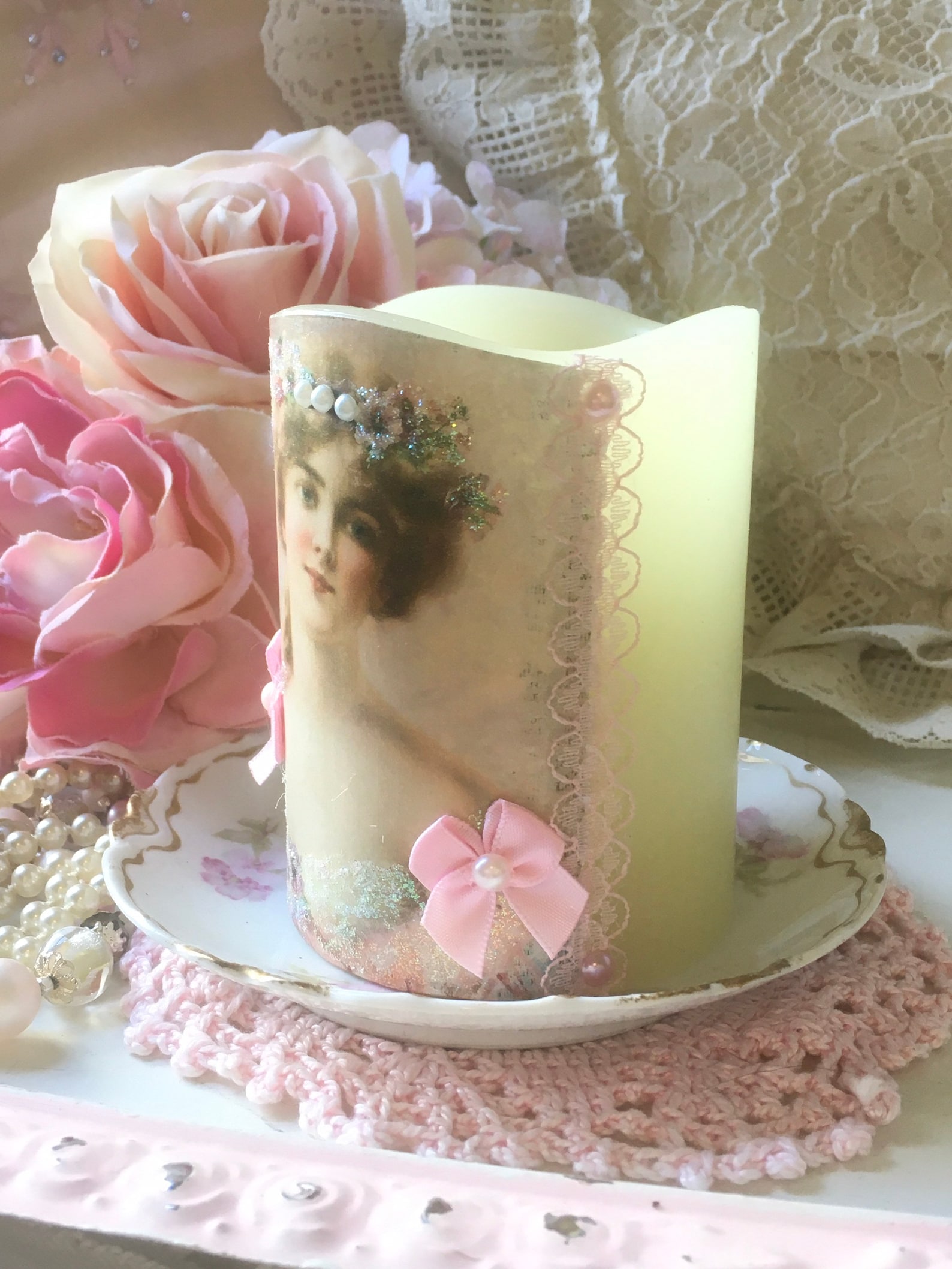 Victorian Lady Flameless Candle Shabby Pink Roses Wax LED | Etsy
