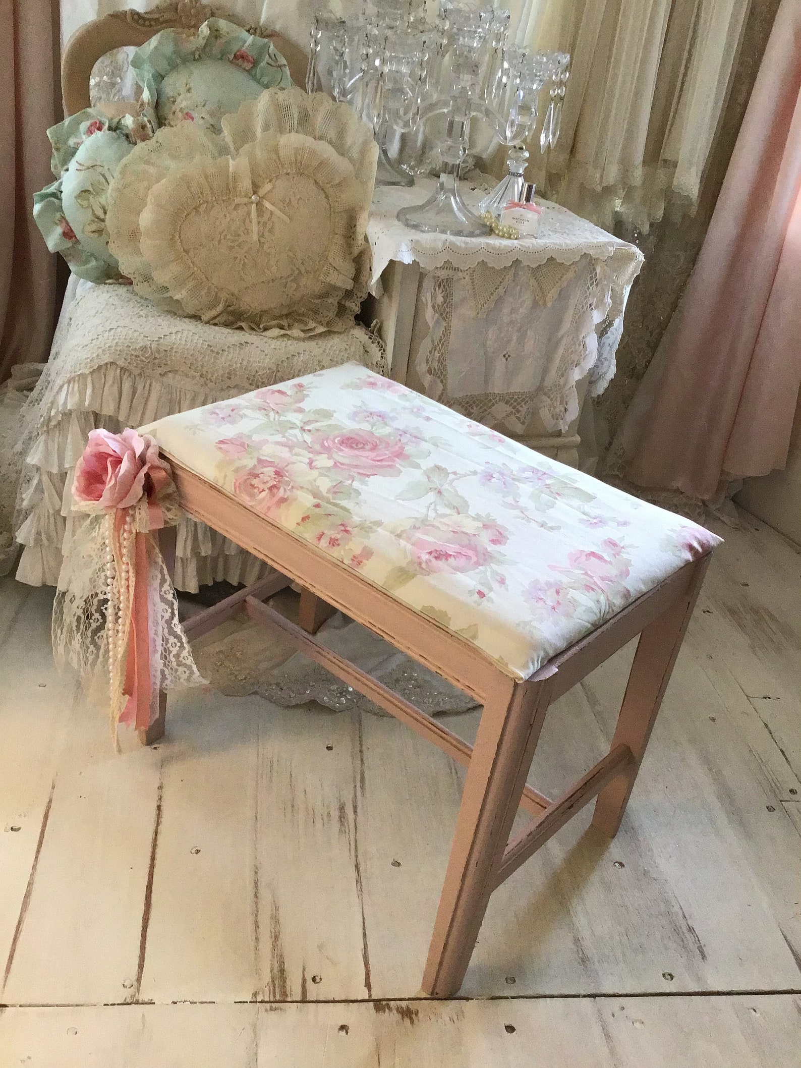 Shabby Pink Bench, Floral Vanity Bench, Vintage Piano Bench, Chippy ...