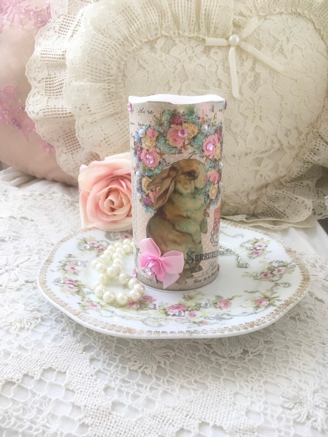 Shabby Victorian Bunny Flameless Candle, Pink Roses, Easter Decor ...