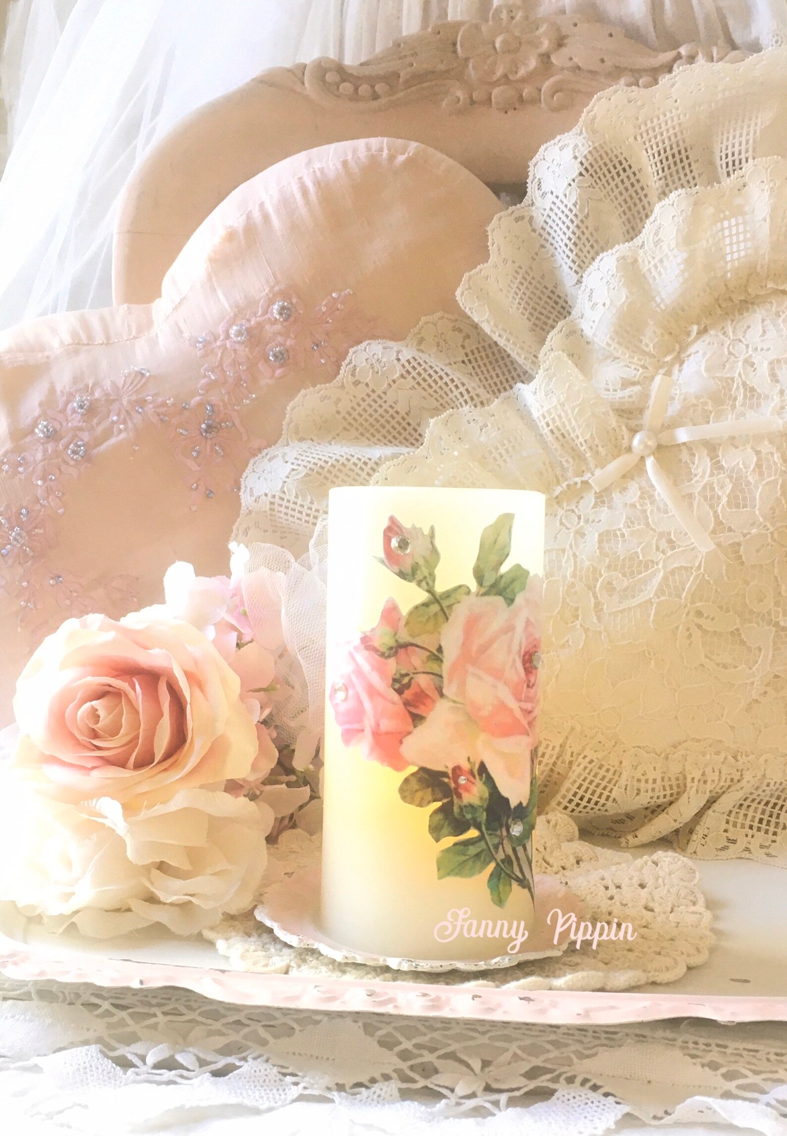 Shabby Pink Rose Flameless Candle Victorian Roses Timer - Etsy