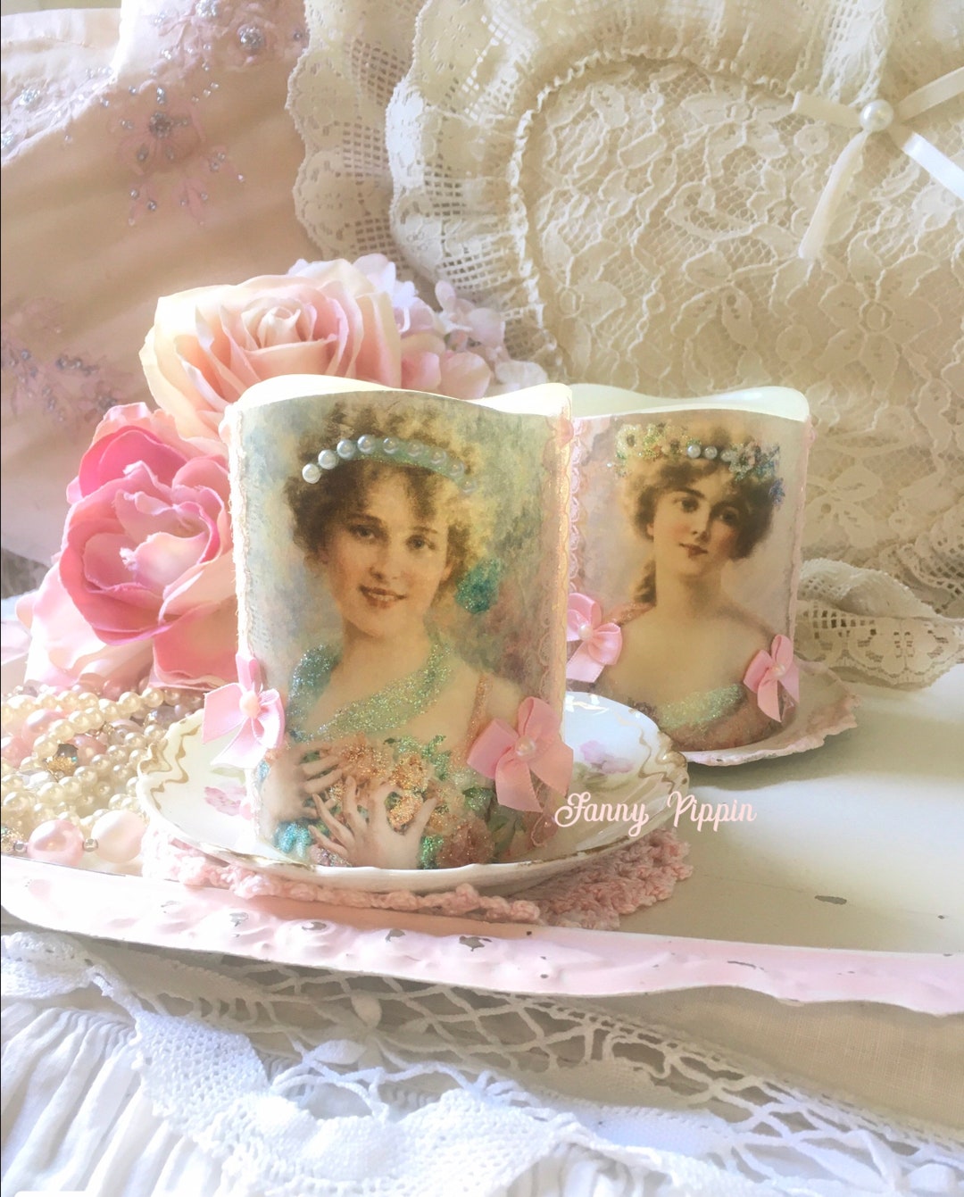 Victorian Lady Flameless Candle Shabby Pink Roses Wax LED - Etsy
