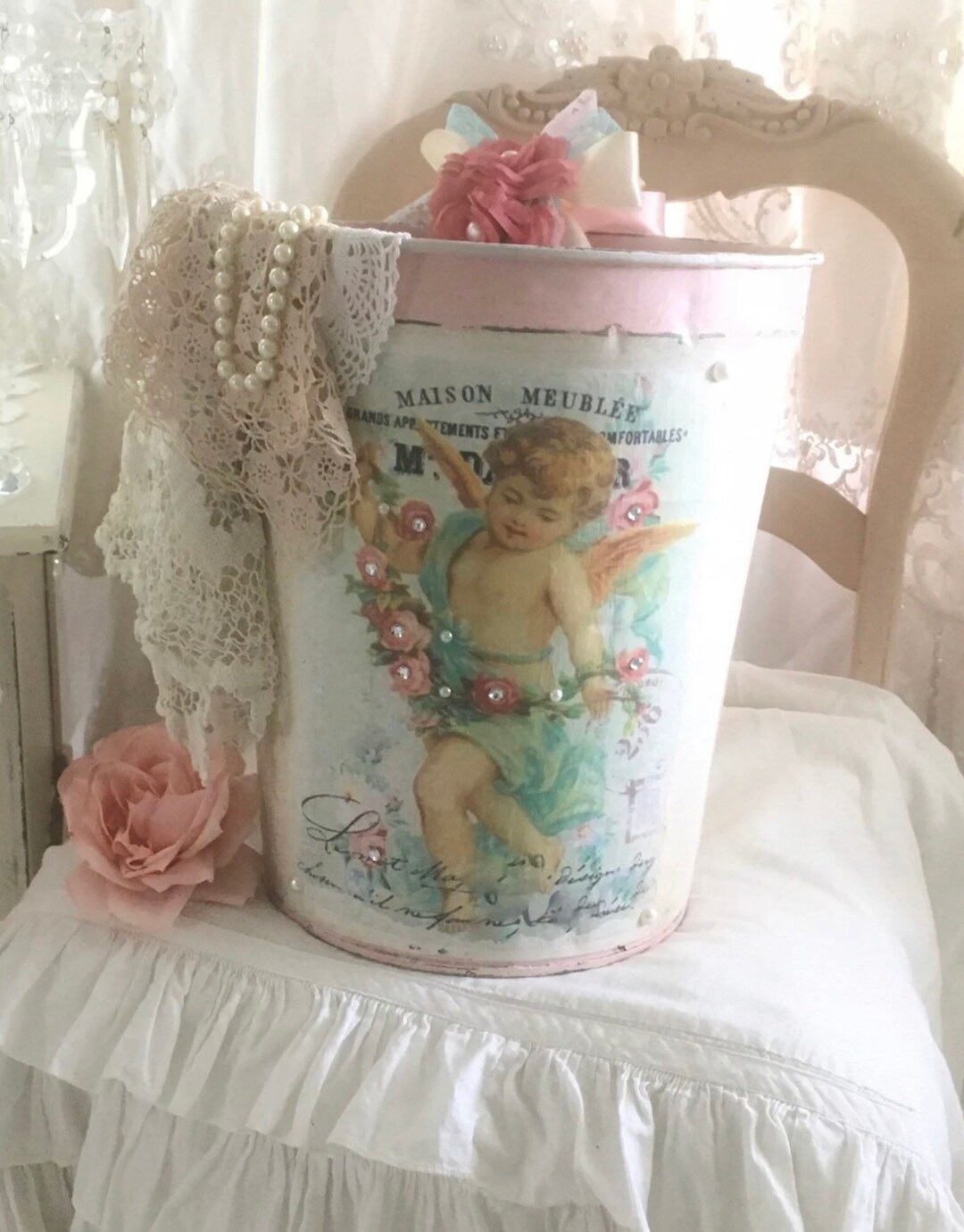 Shabby Chic Pail: French Cherub & Roses Decor, Cottage Style Storage - Etsy