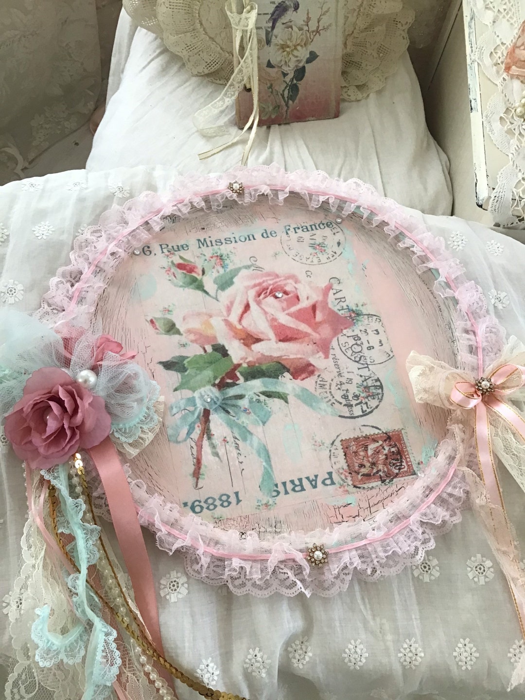Shabby French Rose Tray, Large Round Painted Decorative Tray ...