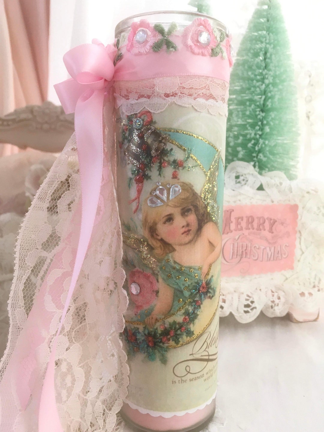 Shabby French Christmas Candle, Pink Wax Candle, Angel of the Moon ...