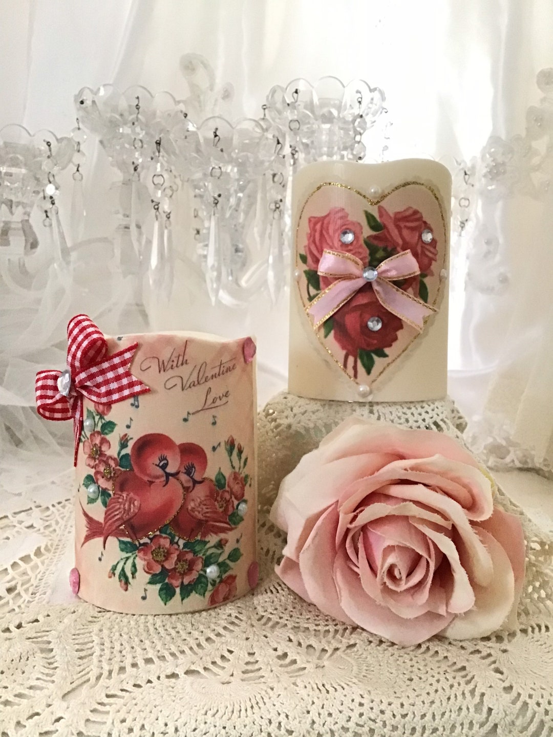 Valentine’s Day Flameless Candle, Vintage Love Birds, Valentine Kitsch ...
