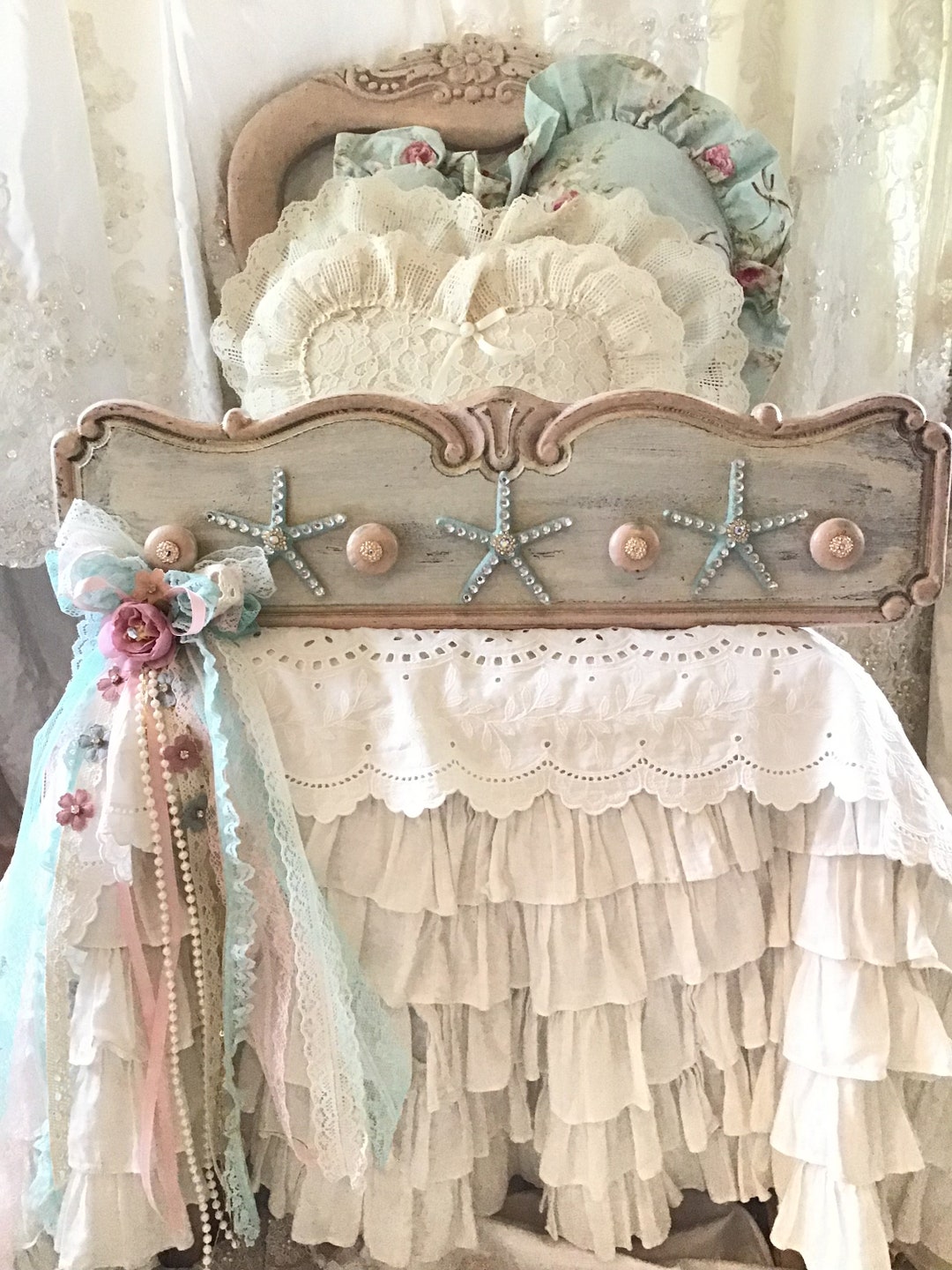 Shabby Beach Cottage Coat Rack, Pediment Hooks, Coastal Bathroom Hooks ...