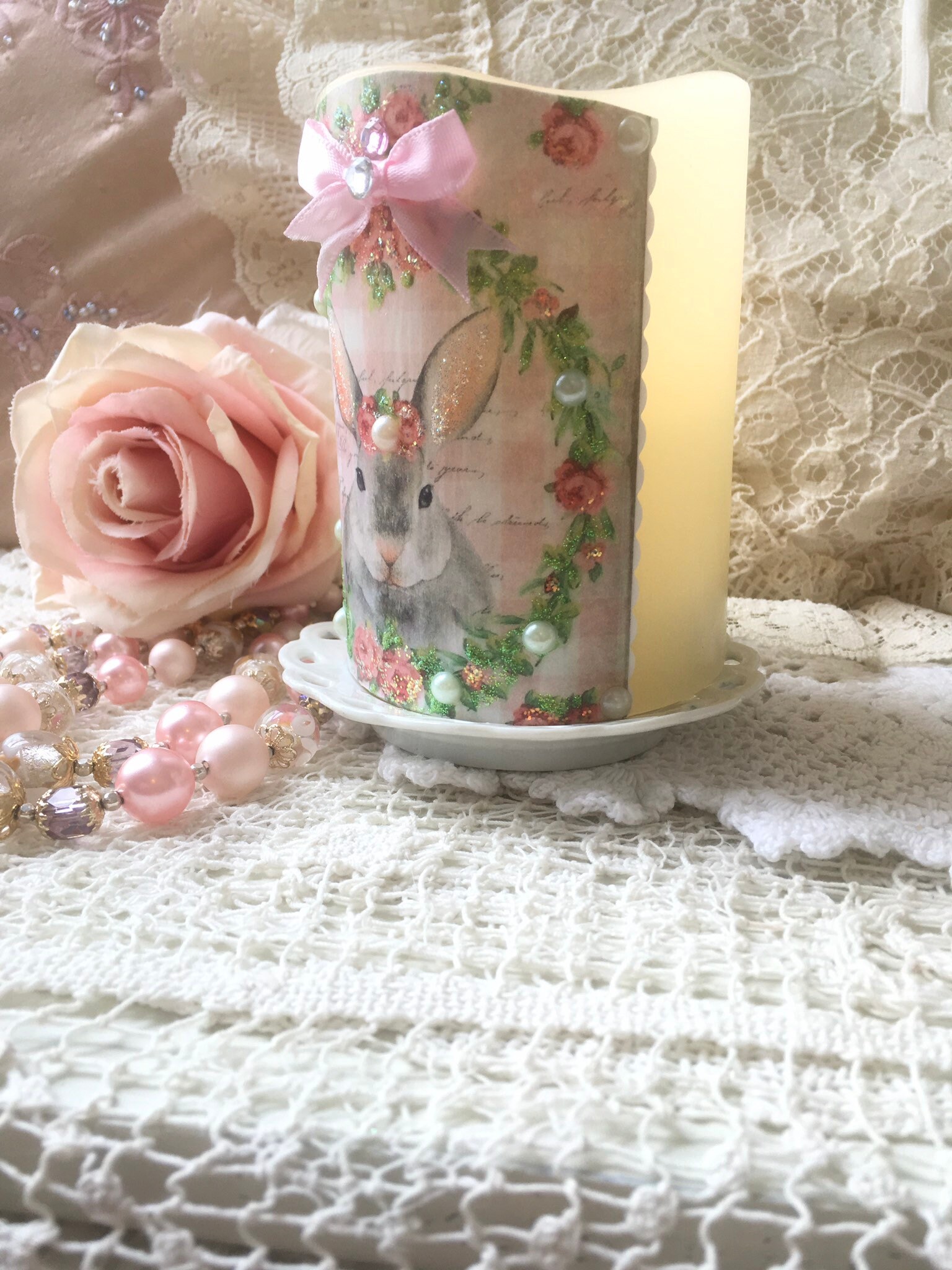 Shabby Victorian Bunny flameless candle Pink Roses Kitchen | Etsy