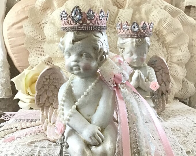 Shabby Cherub Statue, Pink Crowned Sitting Cherub, Rhinestone Angel ...