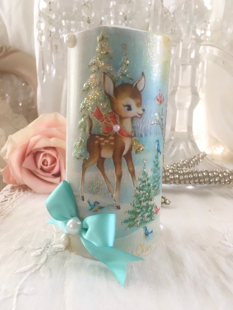 Vintage Christmas Deer Flameless Candle: Retro Kitsch Cottage Chic ...