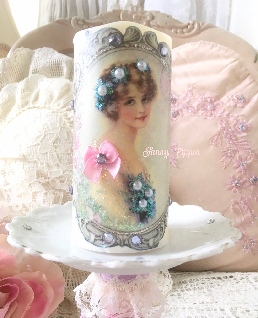 Shabby Flameless Candle, Victorian Lady Decor, Shabby Pink Roses, Wax ...
