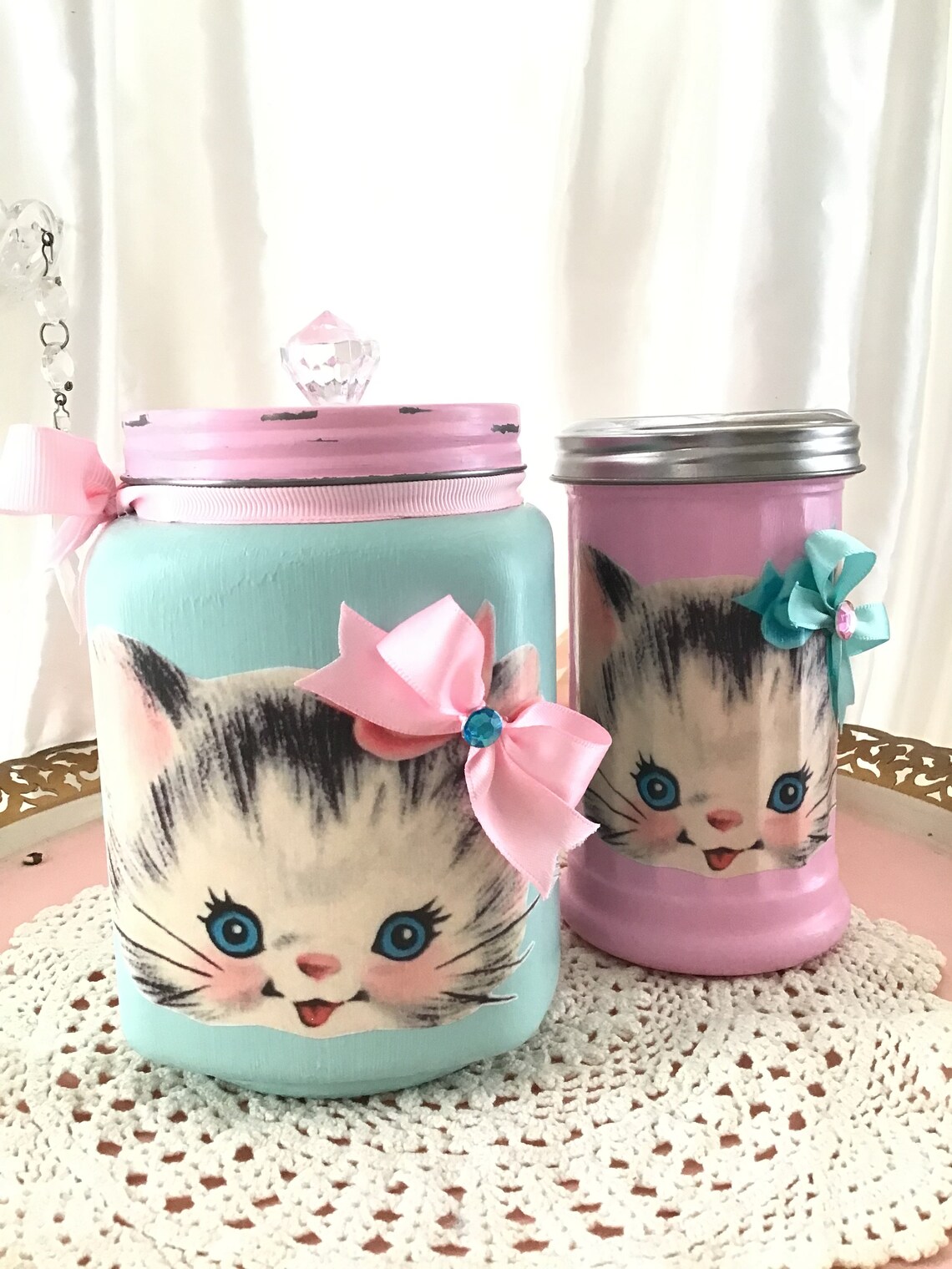 Vintage Kitty Glass Canister: Atomic Pink & Blue Retro Decor - Etsy