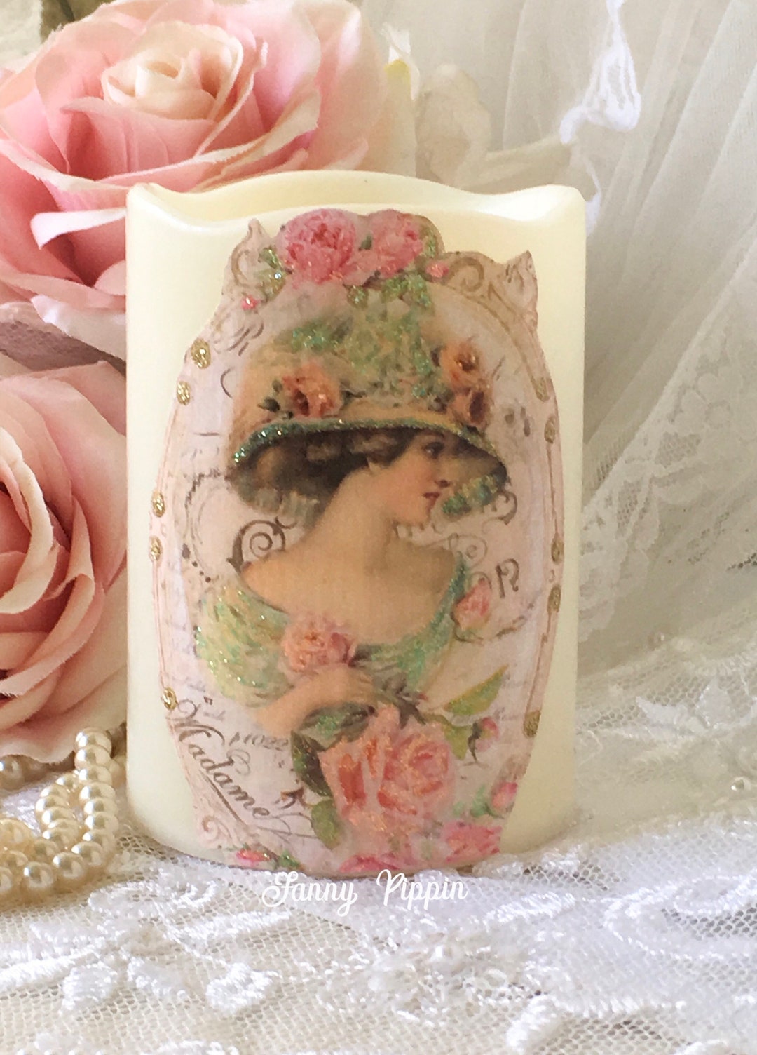 Shabby Flameless Candle, Victorian Lady Decor, Shabby Pink Roses, Wax ...